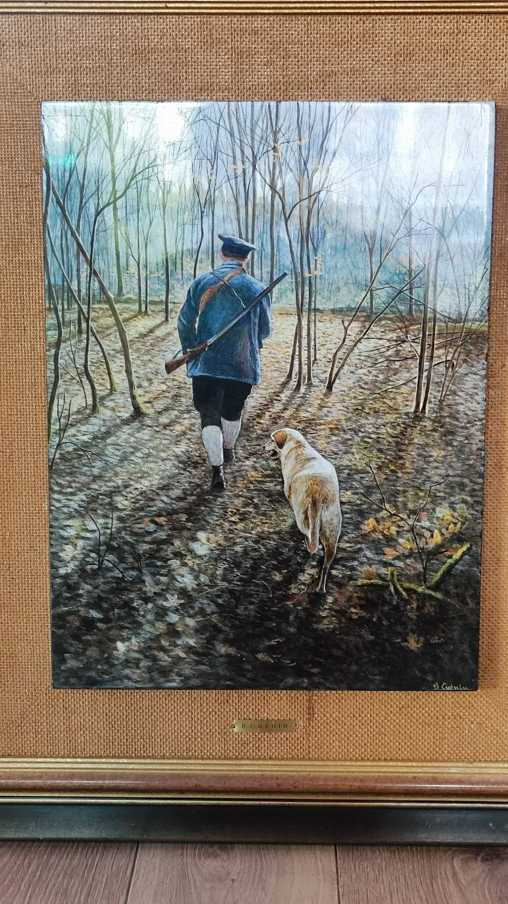 Laque représentant un chasseur et son chien - Tableau de Bernard Cuenin ...