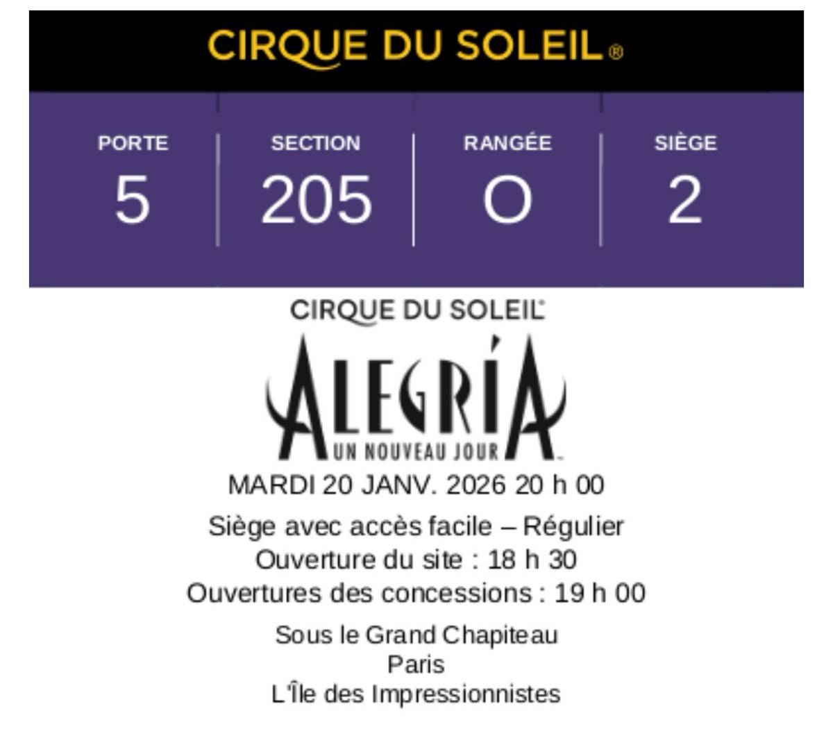 Spectacle Le cirque du soleil 20 janvier 2026 sur Gens de Confiance