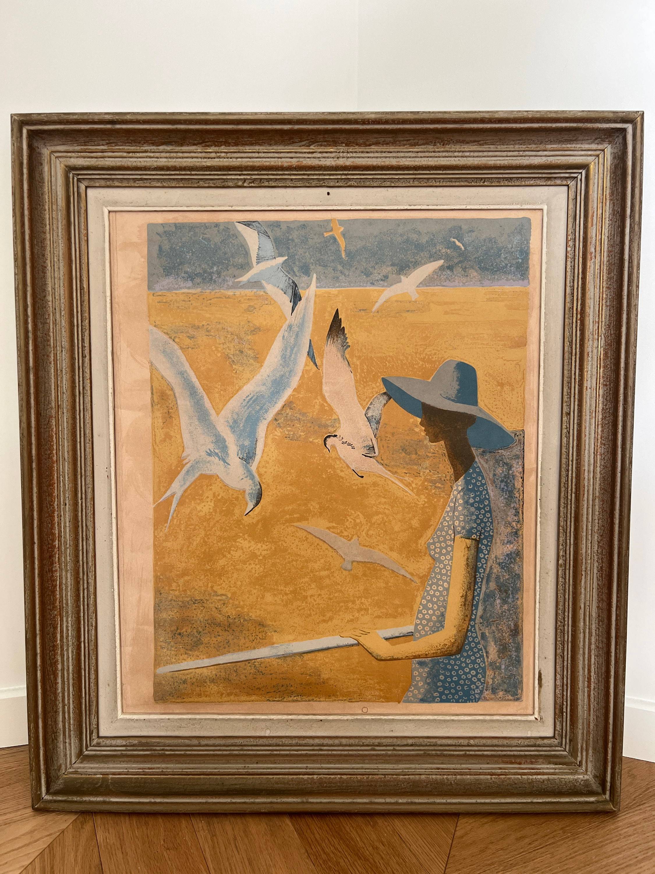 Tableau Daniel Sciora - lithographie - femme à la plage au chapeau 60 ...
