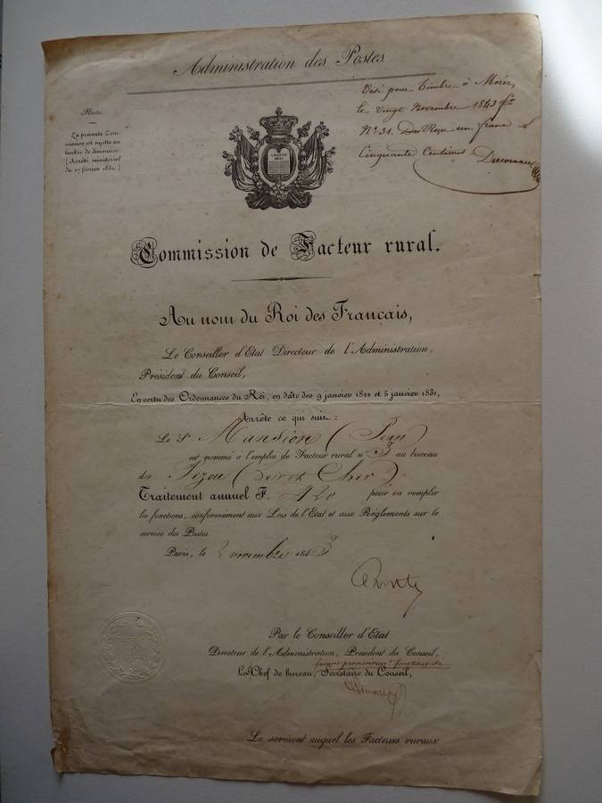 Document Très Rare Commission De Facteur Rural 1843 Au Nom Du Roi