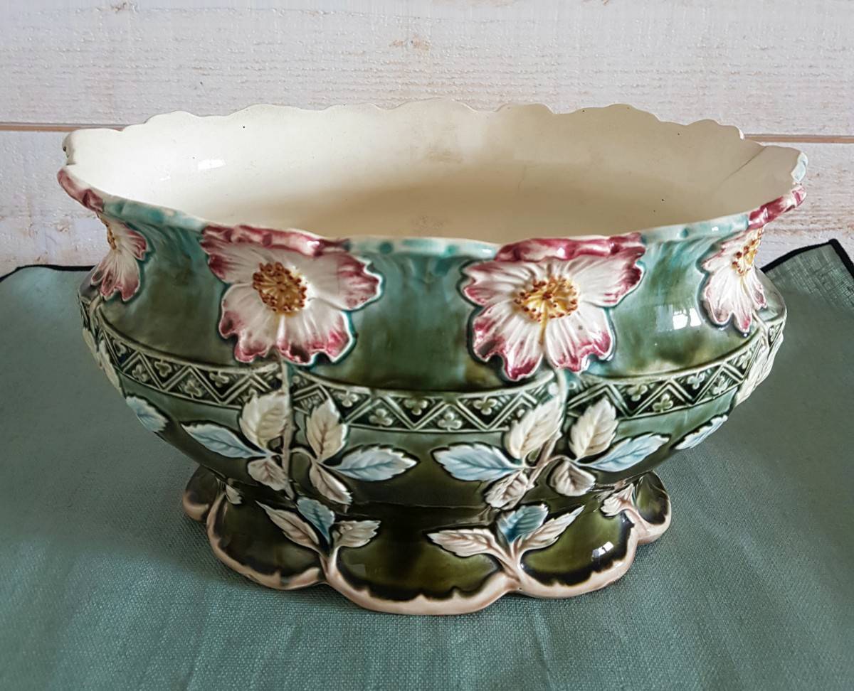 Rare jardinière Art Nouveau en barbotine signée de Bruyn Fives Lille en ...