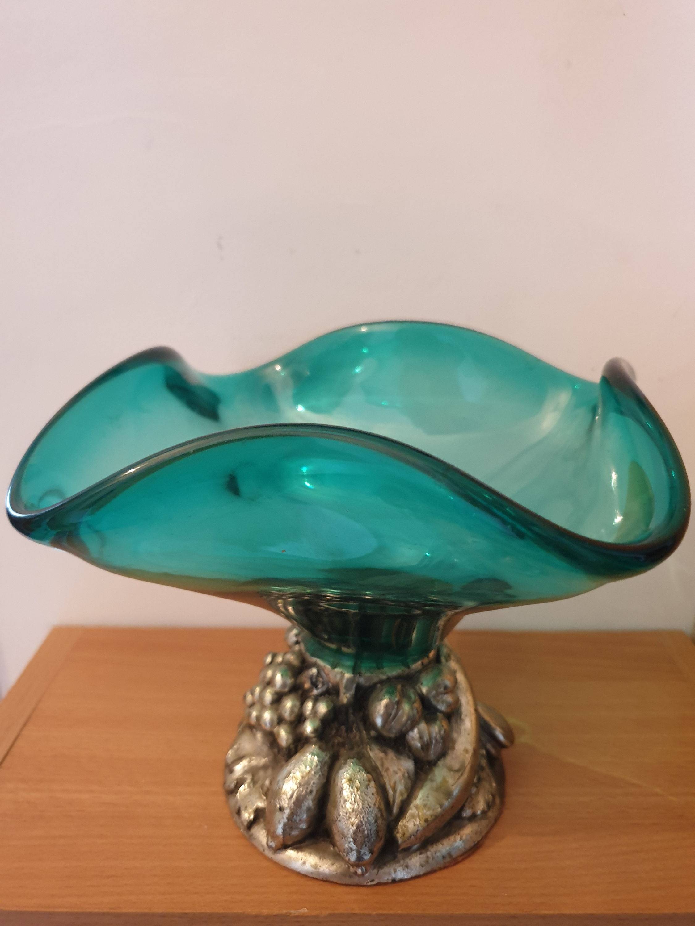 Magnifique coupe à fruits italienne de R. Robean en verre ondulé vert ...