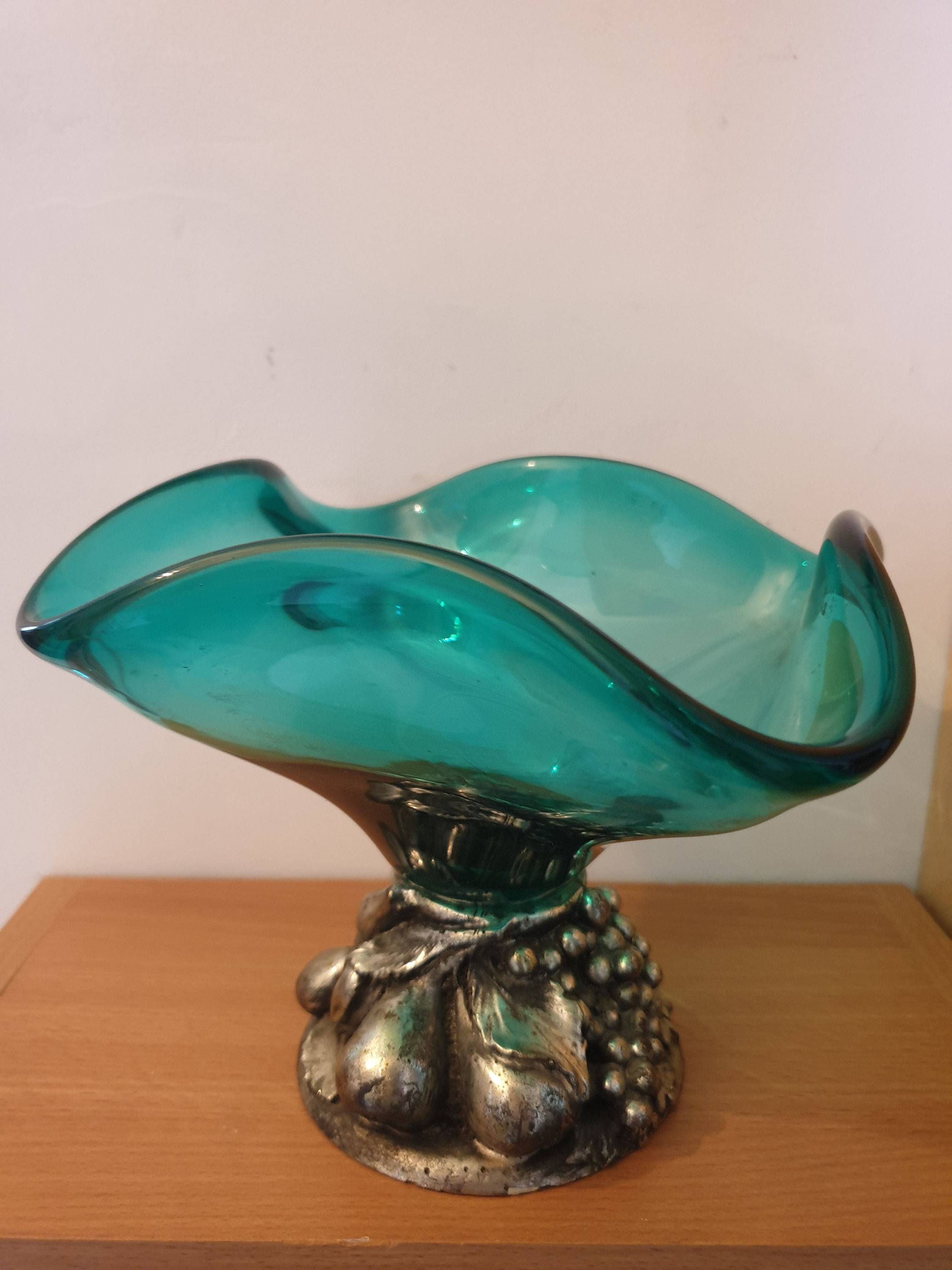 Magnifique coupe à fruits italienne de R. Robean en verre ondulé vert ...