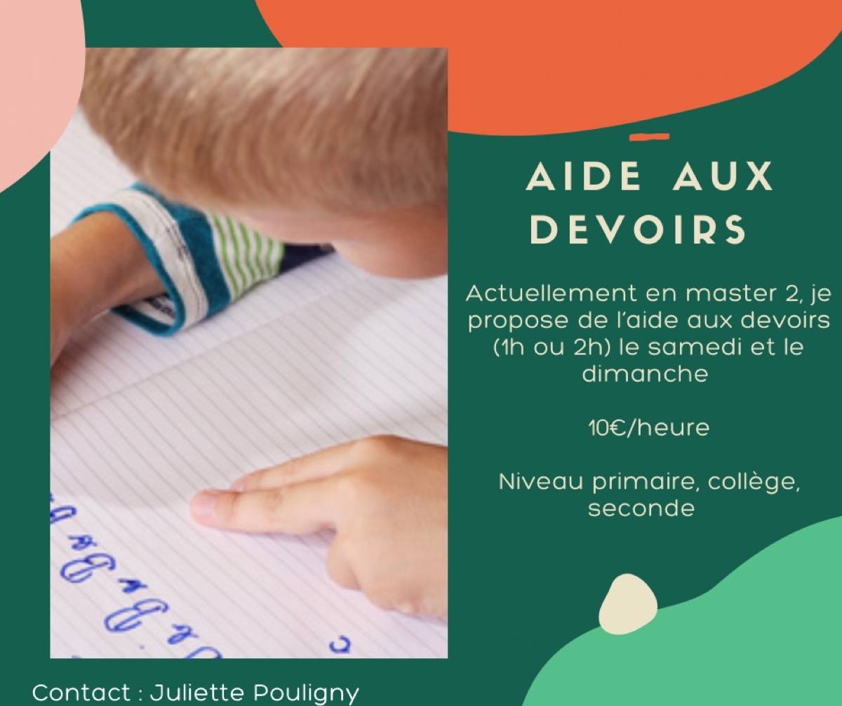 Je propose de l’aide aux devoirs pour les niveaux collèges et primaires on Gens de Confiance