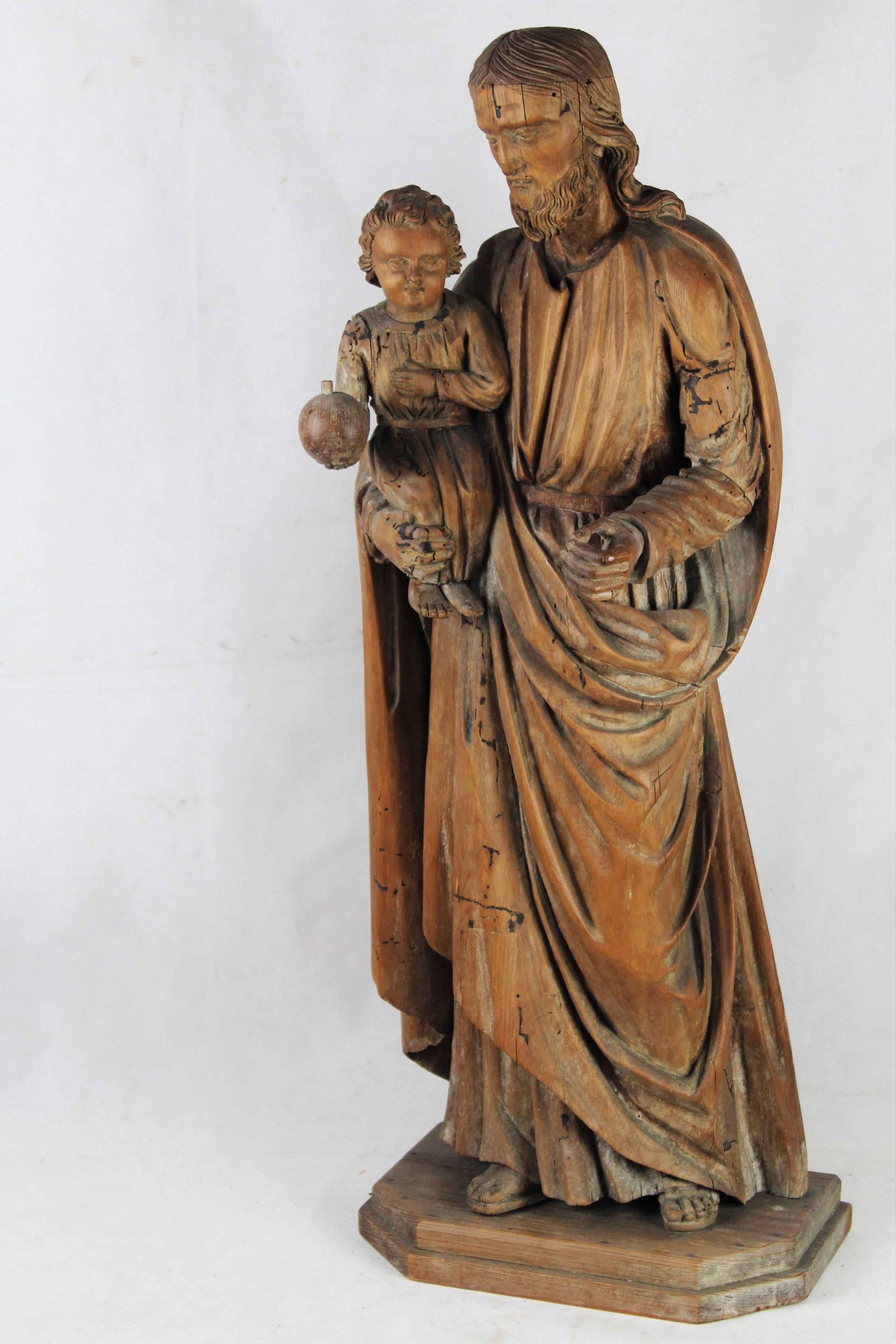 Saint Joseph, grande statue en bois sculpté du XVIIIe/XIXe siècle sur ...