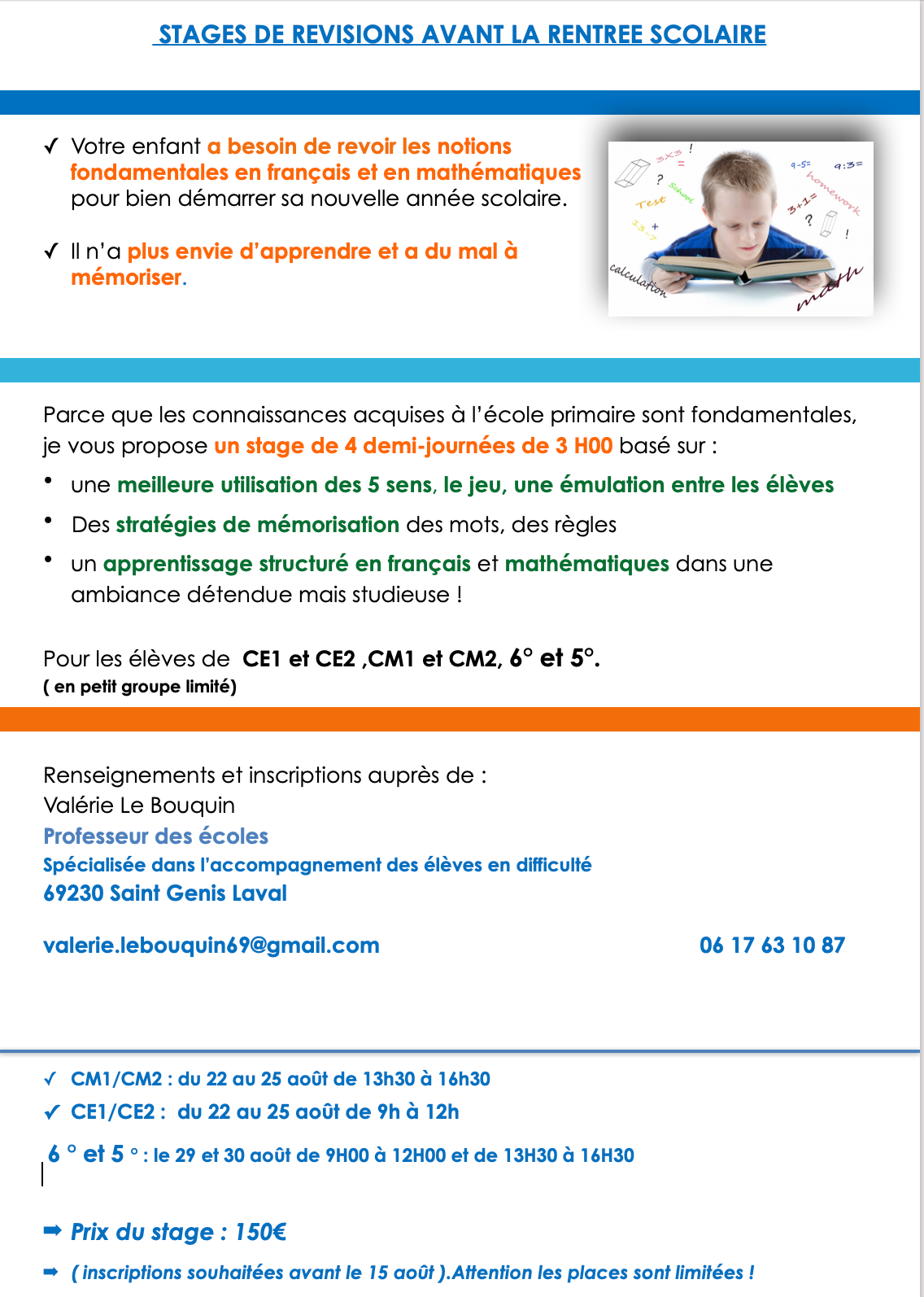 Propose Stage de révision avant la rentree CE1 à cinquième sur Gens de ...